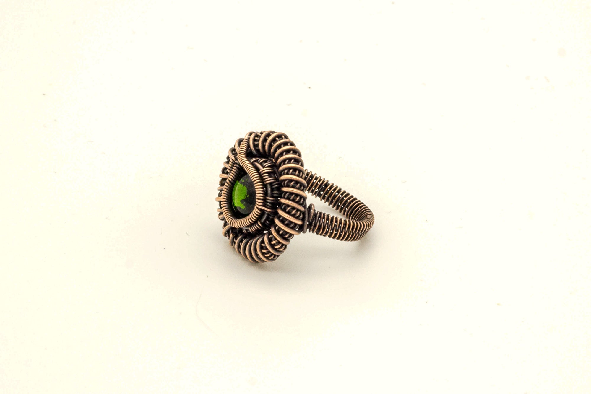 Copper Wire Wrapped Ring with Green Transparent Fused Glass Accent ...