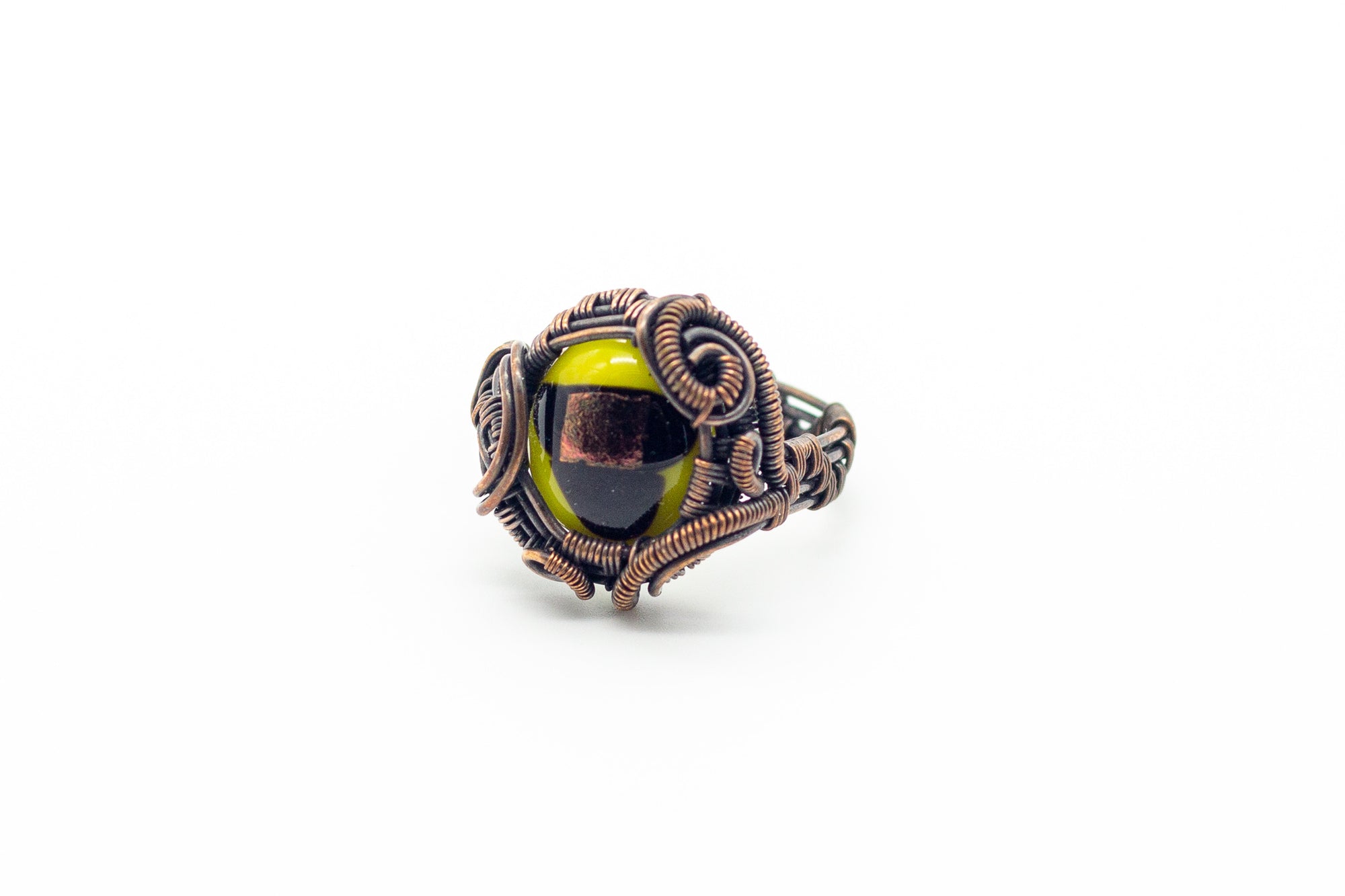 Black, Yellow, and Gold Woven Copper Ring – Nymph Glass Jewelry