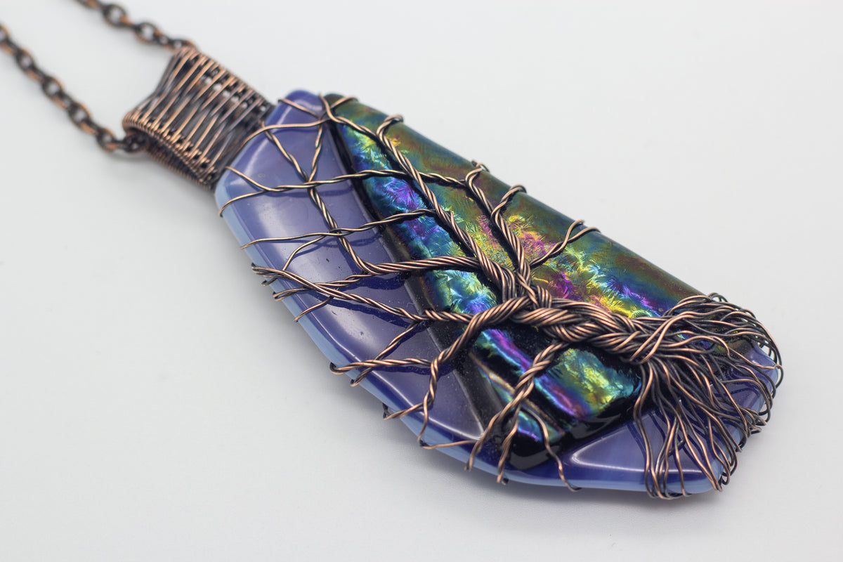 Blue and Multi-color Dichroic Black Fused Glass Pendant with Copper Tr ...