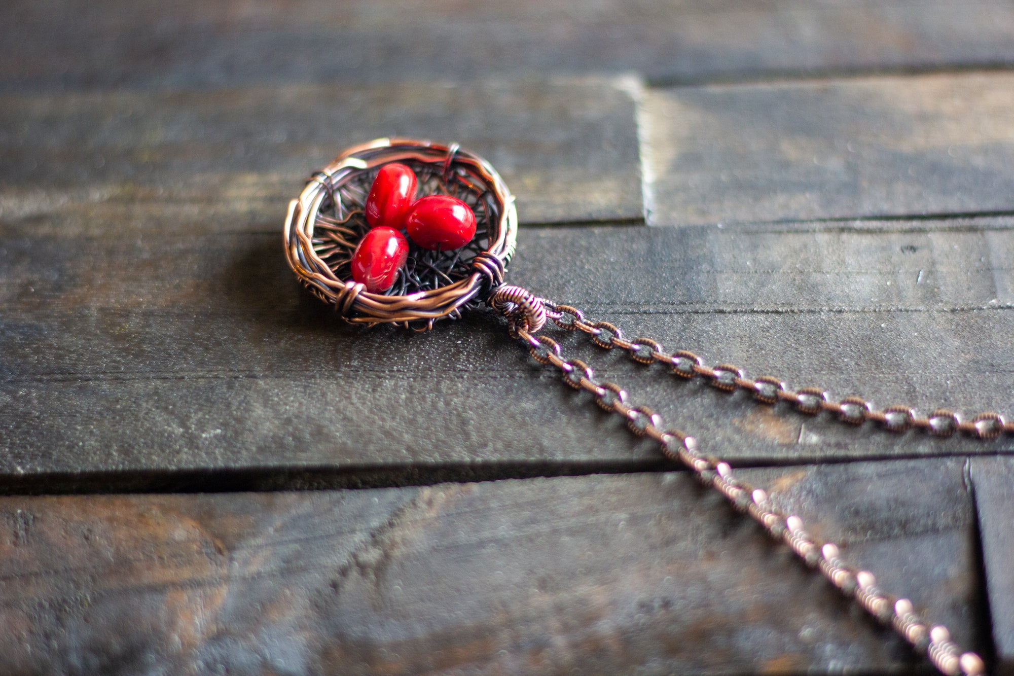 Copper Bird's Nest Pendant with Red Glass Beads – Nymph Glass Jewelry