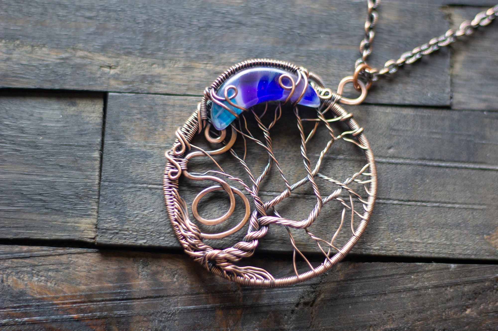 Blue and Purple Moon and Tree Pendant with Copper Wire Wrapping – Nymph ...