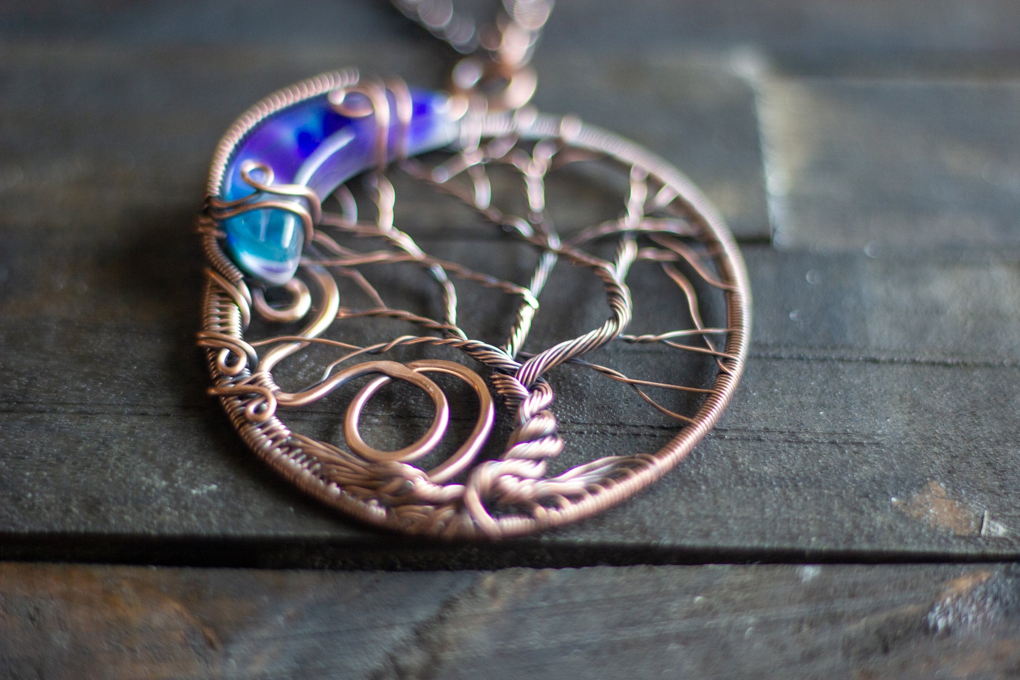 Blue and Purple Moon and Tree Pendant with Copper Wire Wrapping – Nymph ...